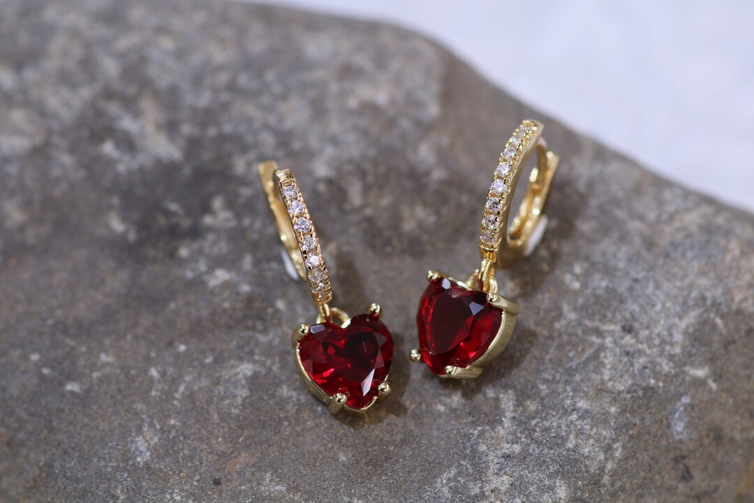 CZ Red Heart Earrings , Gold Heart Earrings , Ruby Heart Huggies , CZ ...