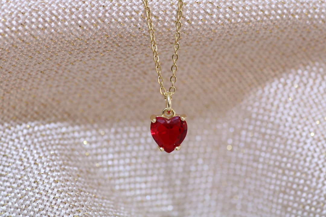Red Ruby Necklace , Red Gold Heart Necklace , Red Heart Choker , Ruby ...