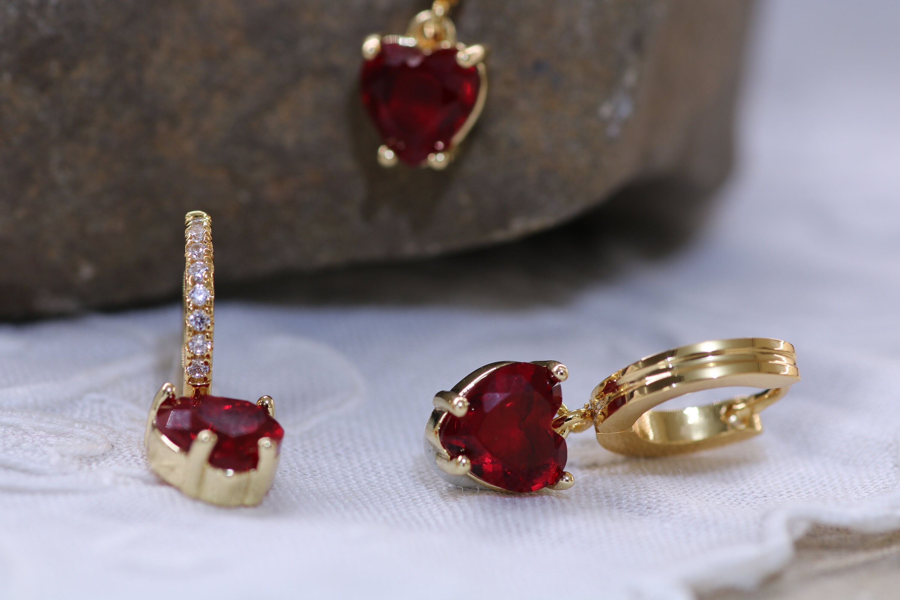 CZ Red Heart Earrings , Gold Heart Earrings , Ruby Heart Huggies , CZ ...