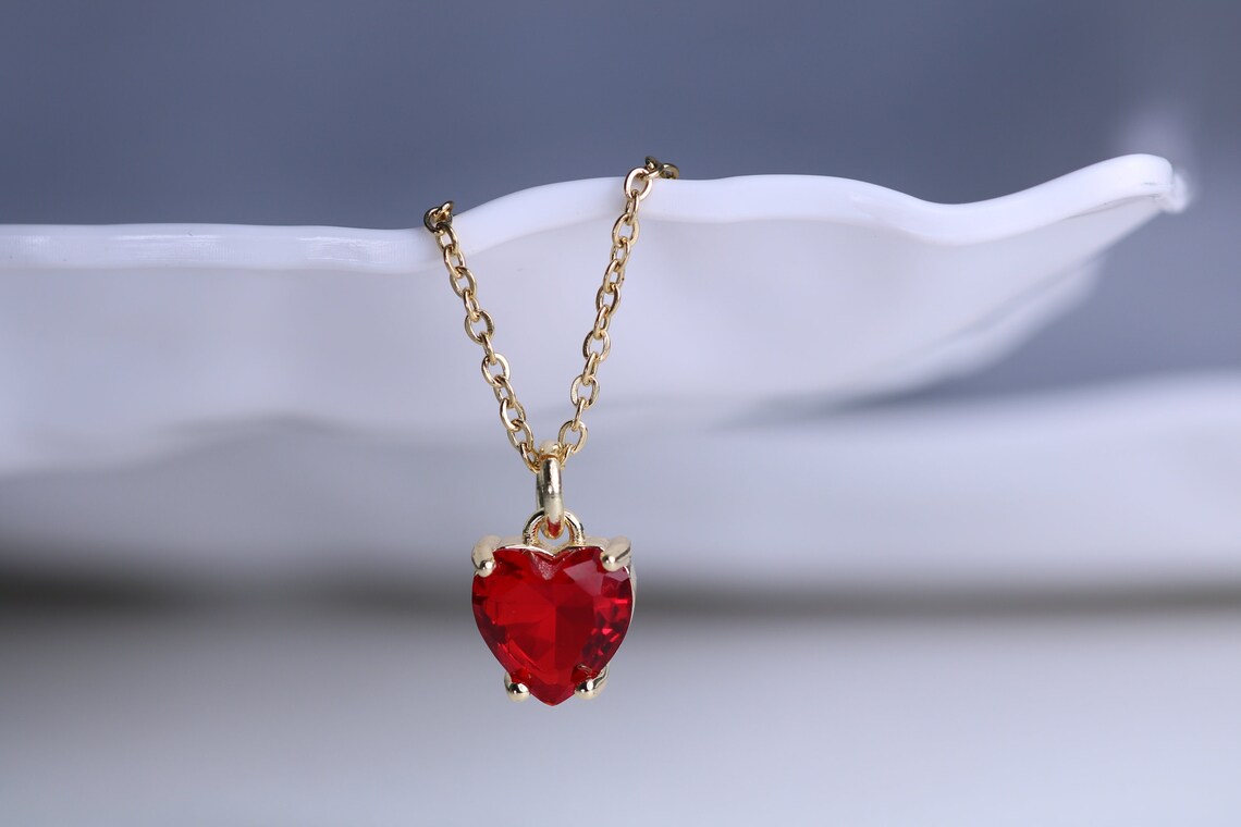Red Ruby Necklace Red Gold Heart Necklace Red Heart Choker - Etsy