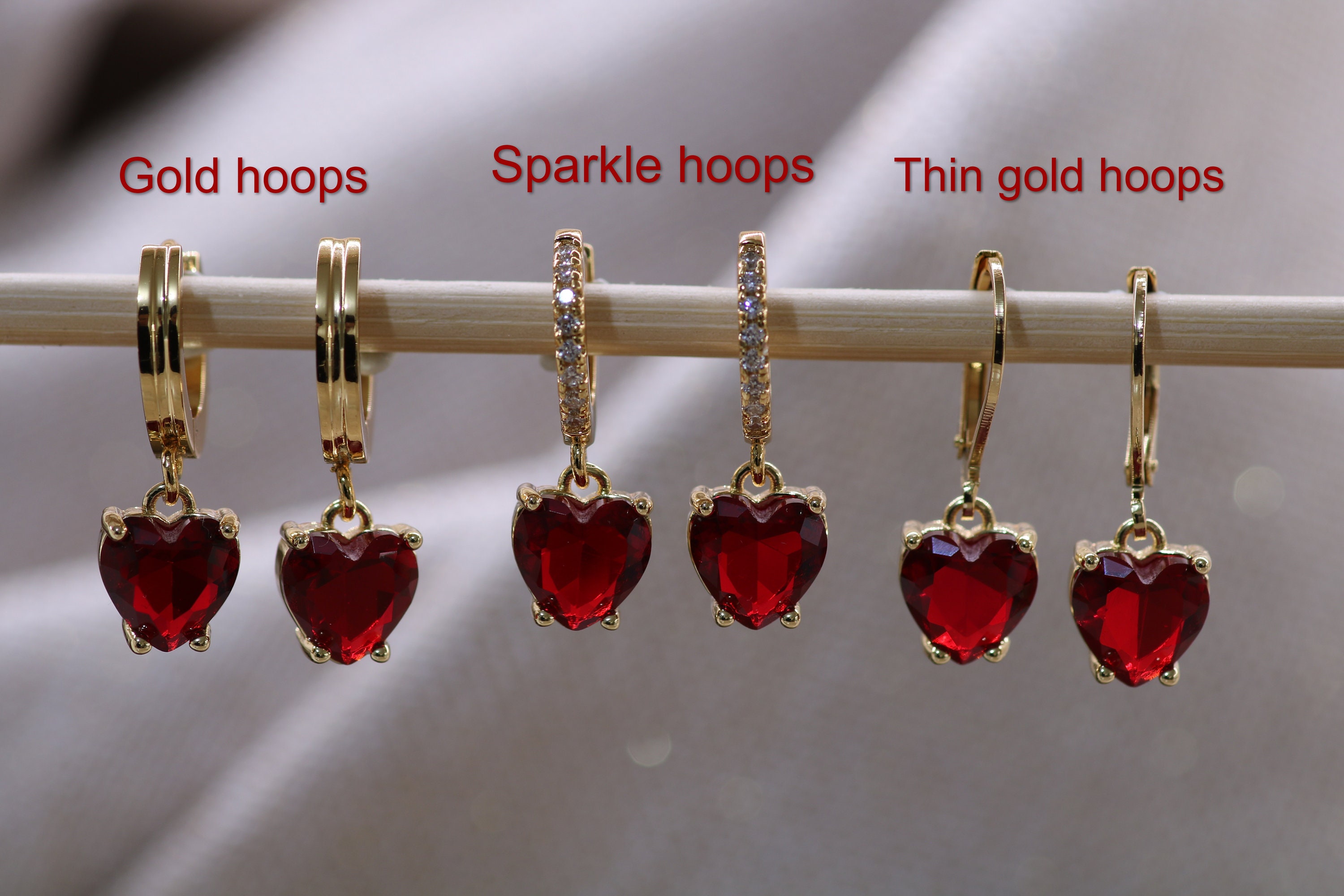 CZ Red Heart Earrings , Gold Heart Earrings , Ruby Heart Huggies , CZ ...