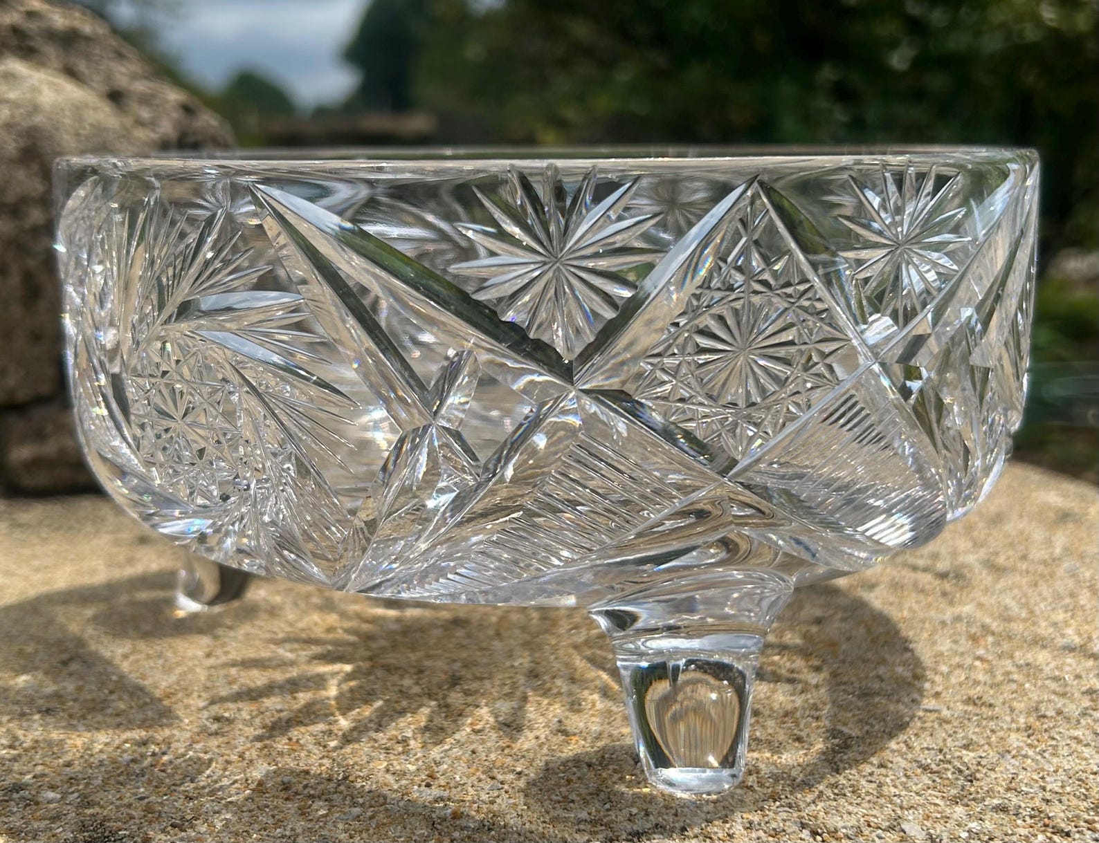 Vintage Cut Crystal Glass Round 3-footed Bowl Hobstar Pinwheel Star ...