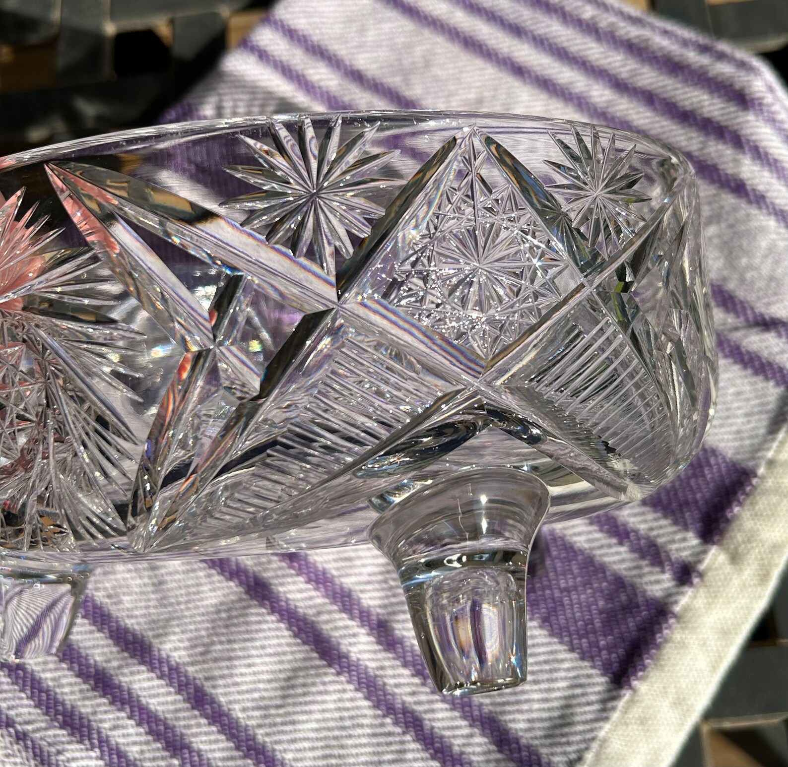 Vintage Cut Crystal Glass Round 3-footed Bowl Hobstar Pinwheel Star ...