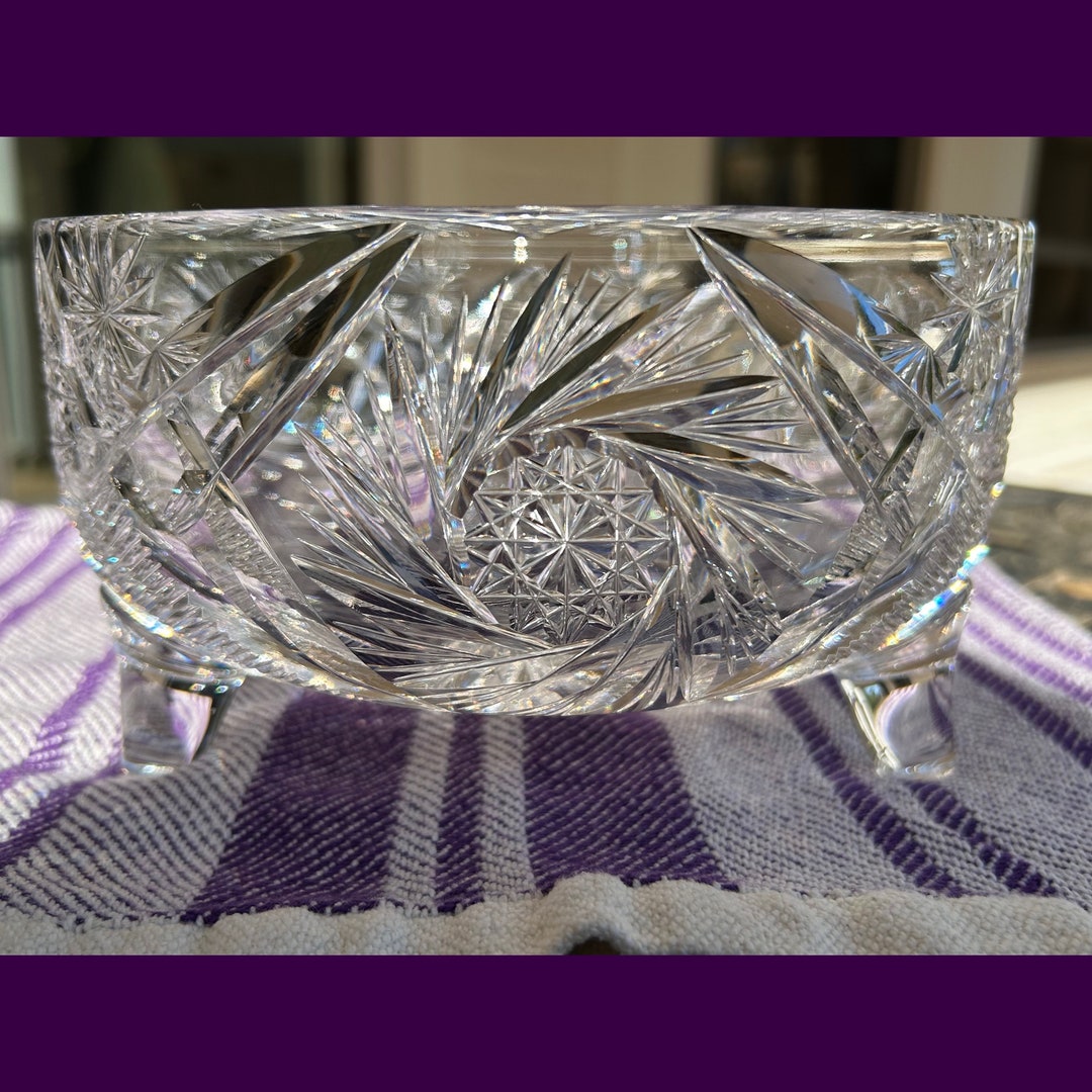 Vintage Cut Crystal Glass Round 3-footed Bowl Hobstar Pinwheel Star ...