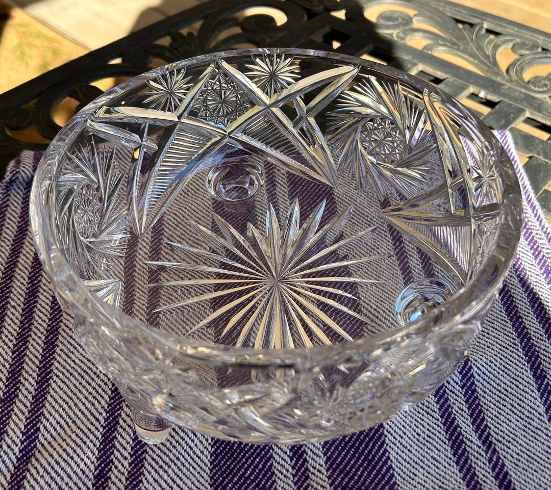 Vintage Cut Crystal Glass Round 3-footed Bowl Hobstar Pinwheel Star ...