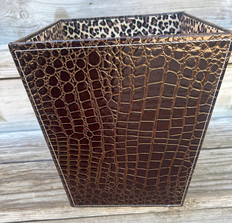 Faux Croc Leather Leopard Dark Brown Black Tan Square Wastebasket Trash ...