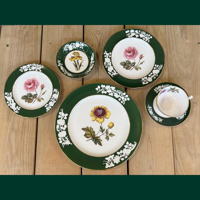 RARE Vintage Spode Anemone Rose Narcissus Lady Blessington Green Bone ...