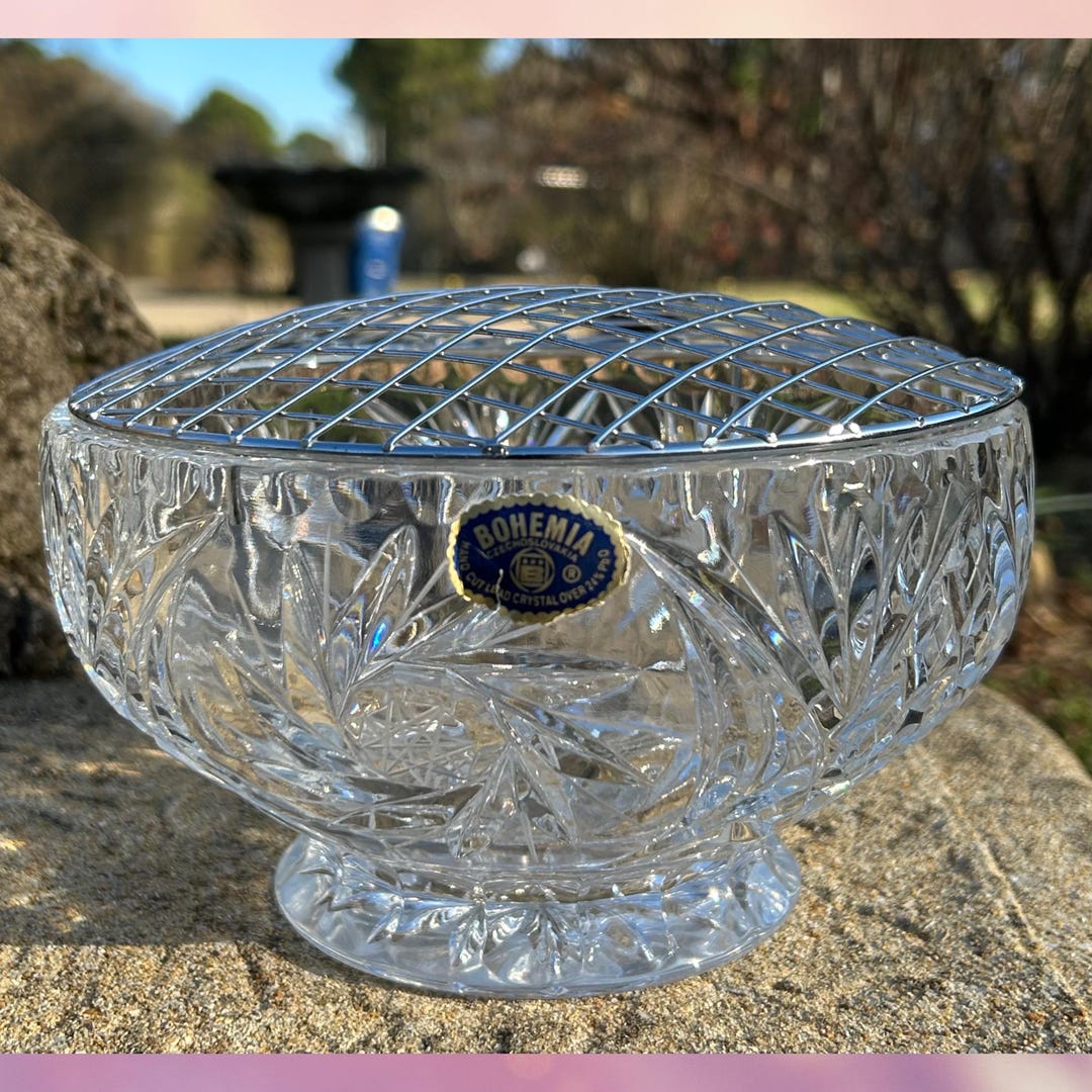Vintage Large Bohemia Crystal Cut Glass Rose Flower Bowl Vase Czech ...