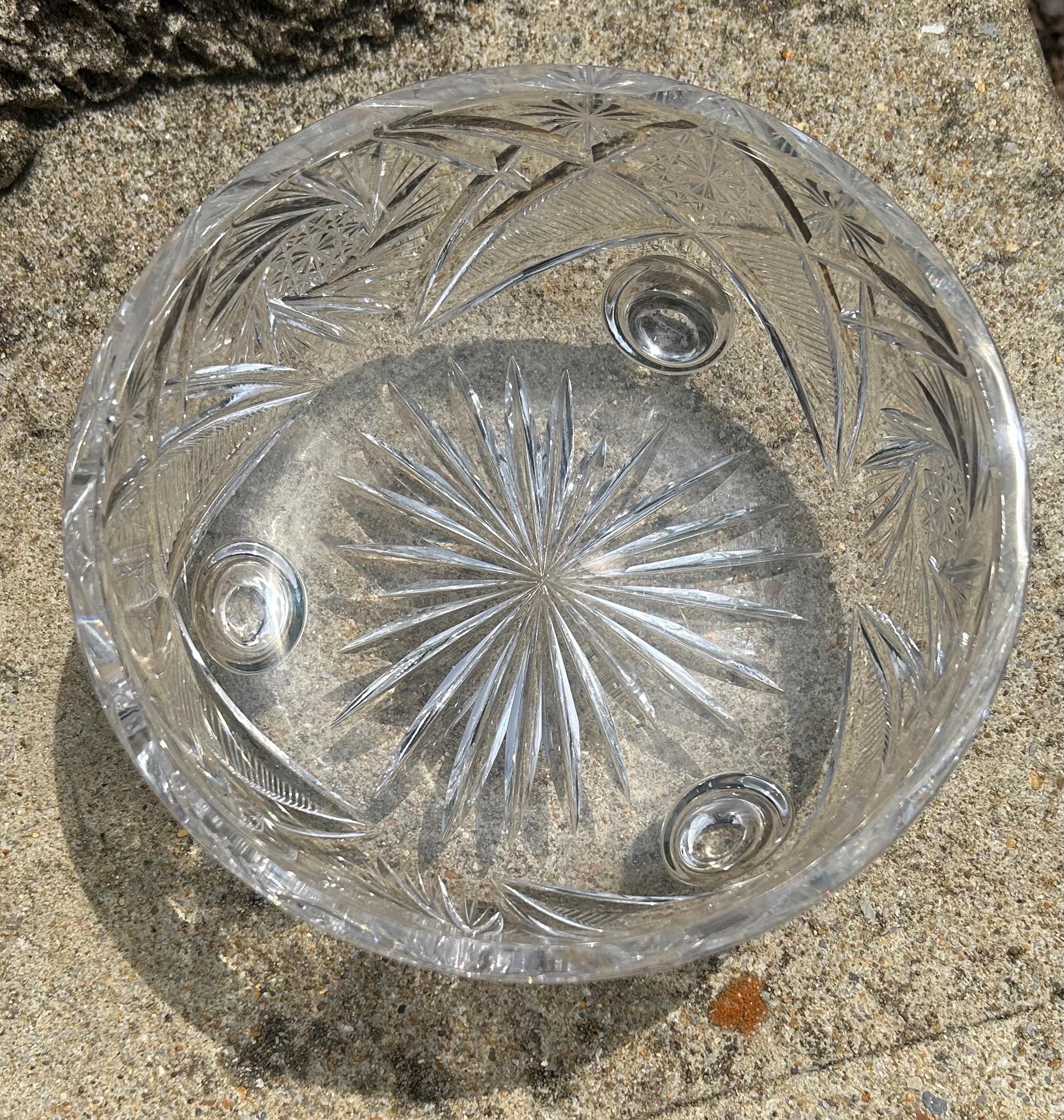 Vintage Cut Crystal Glass Round 3-footed Bowl Hobstar Pinwheel Star ...