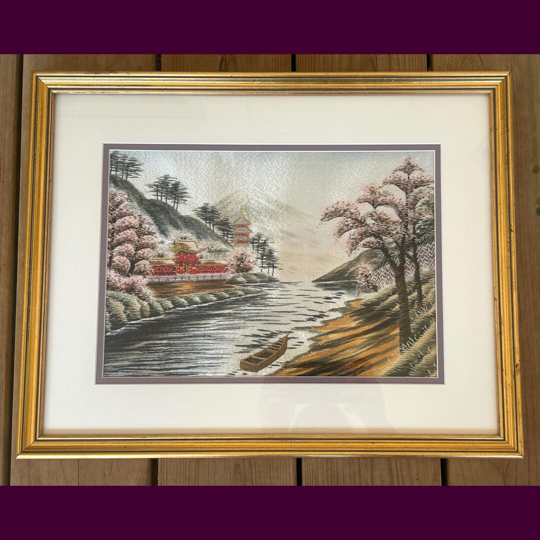 Vintage Japanese Silk Embroidery Bunka Picture Fuji Cherry Blossom ...