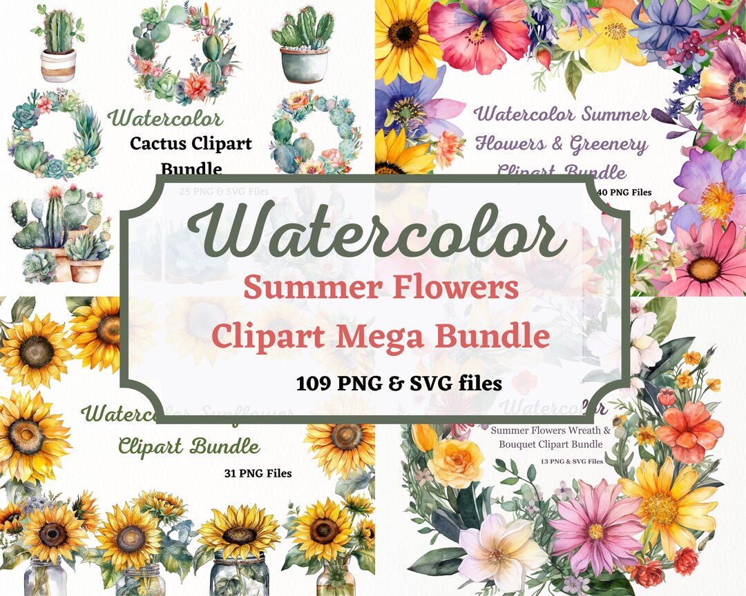 Watercolor Summer Flowers Mega Clipart Bundle, Watercolor Summer ...