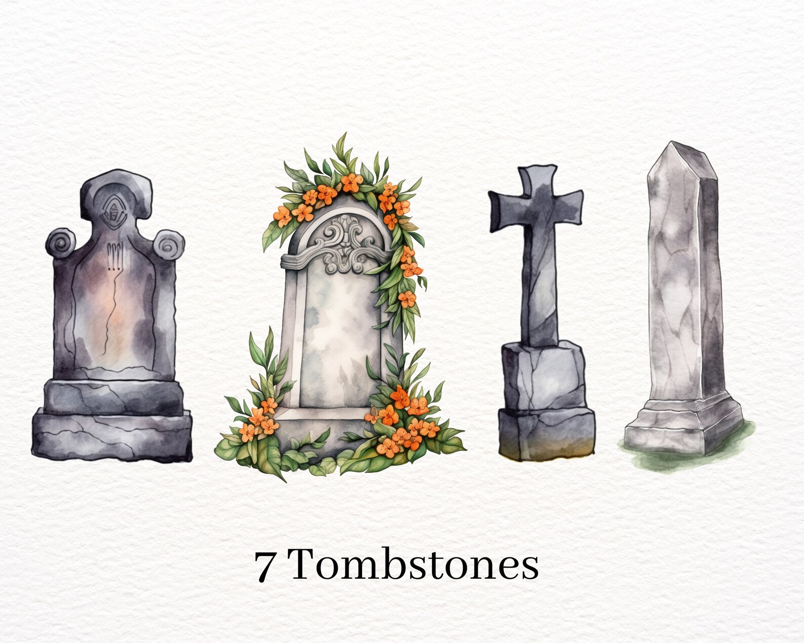 Halloween Tombstones Clipart Bundle, Watercolor Clipart, Halloween ...