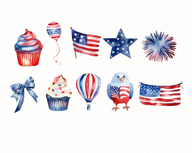 Fourth of July Clipart Bundle, Watercolor Clipart, 4th of July Clipart ...