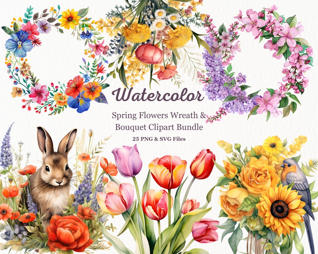 Spring Watercolor Flower Wreaths & Bouquet Clipart Bundle, PNG Files ...
