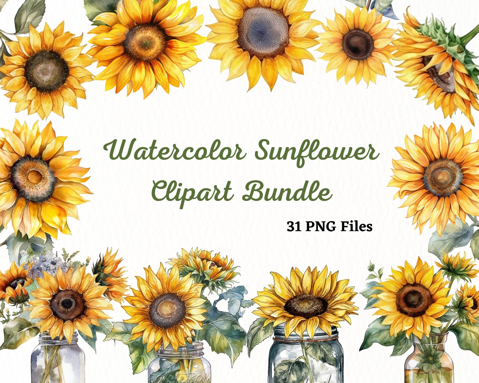 Watercolor Sunflower Clip Art Bundle, Watercolor Clipart, Floral ...