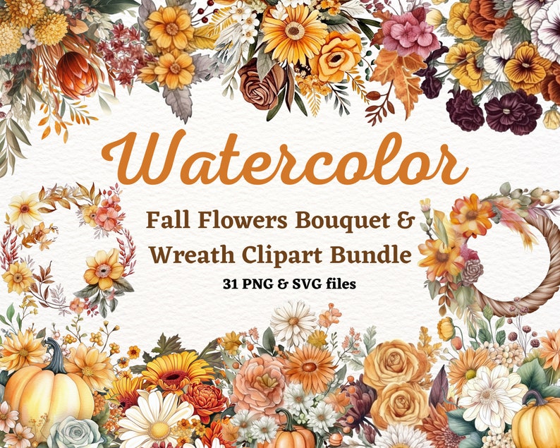 Fall Watercolor Flower Clipart, Watercolor Clipart, Bouquet Clipart ...