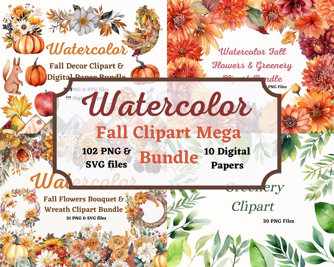 Watercolor Fall Mega Clipart Bundle, Fall Digital Paper, Watercolor ...