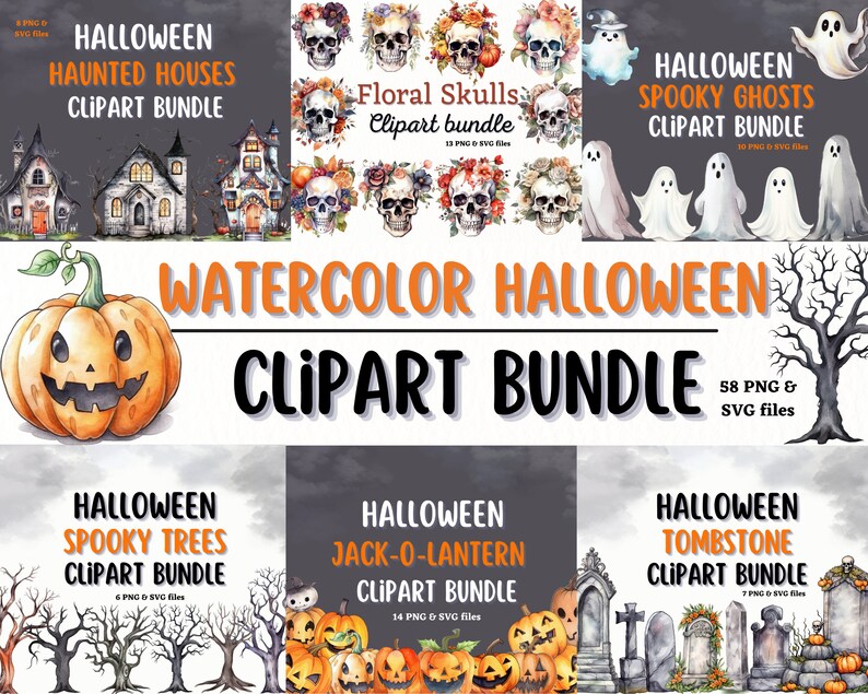 Halloween Clipart Bundle, Watercolor Clipart, Halloween Clipart ...