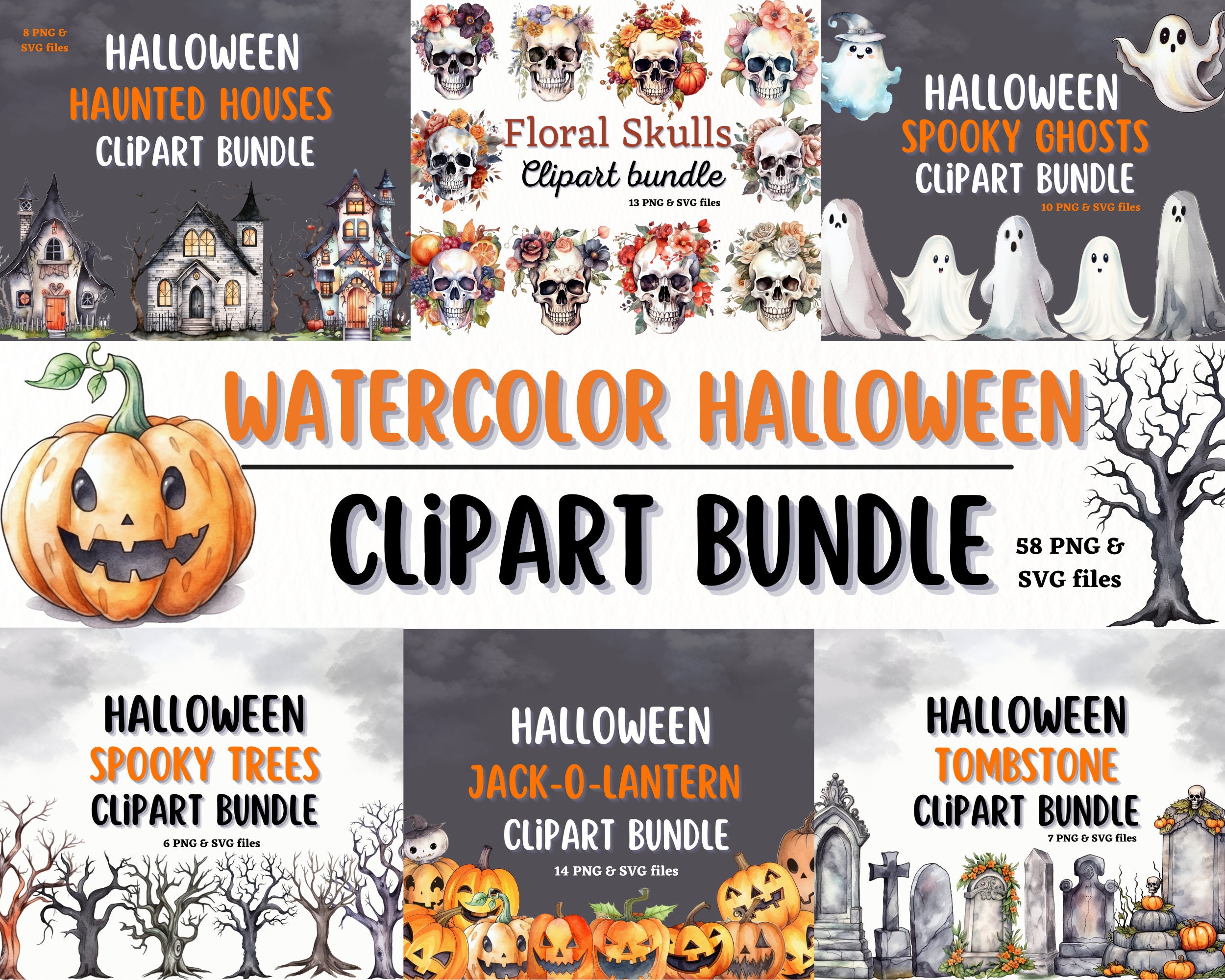 Halloween Clipart Bundle, Watercolor Clipart, Halloween Clipart ...