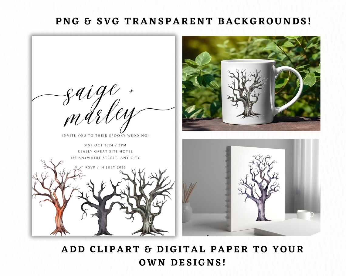 Halloween Haunted Tree Clipart Bundle, Watercolor Clipart, Halloween ...