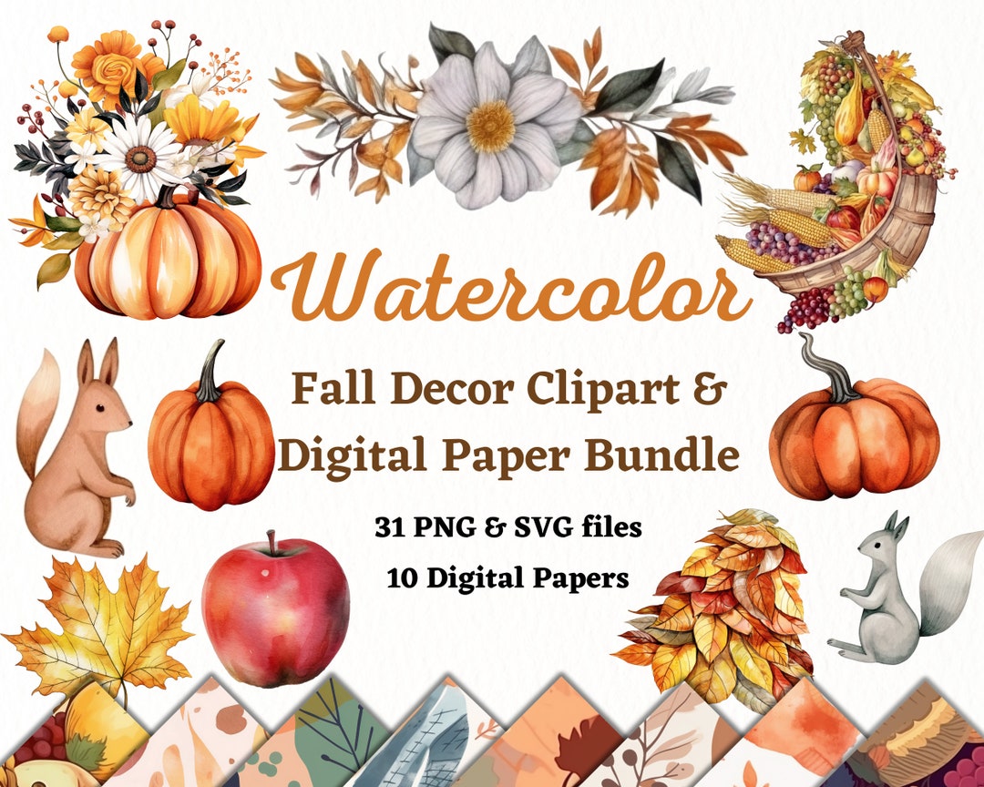 Watercolor Fall Decor Clipart, Fall Digital Paper, Watercolor Fall ...