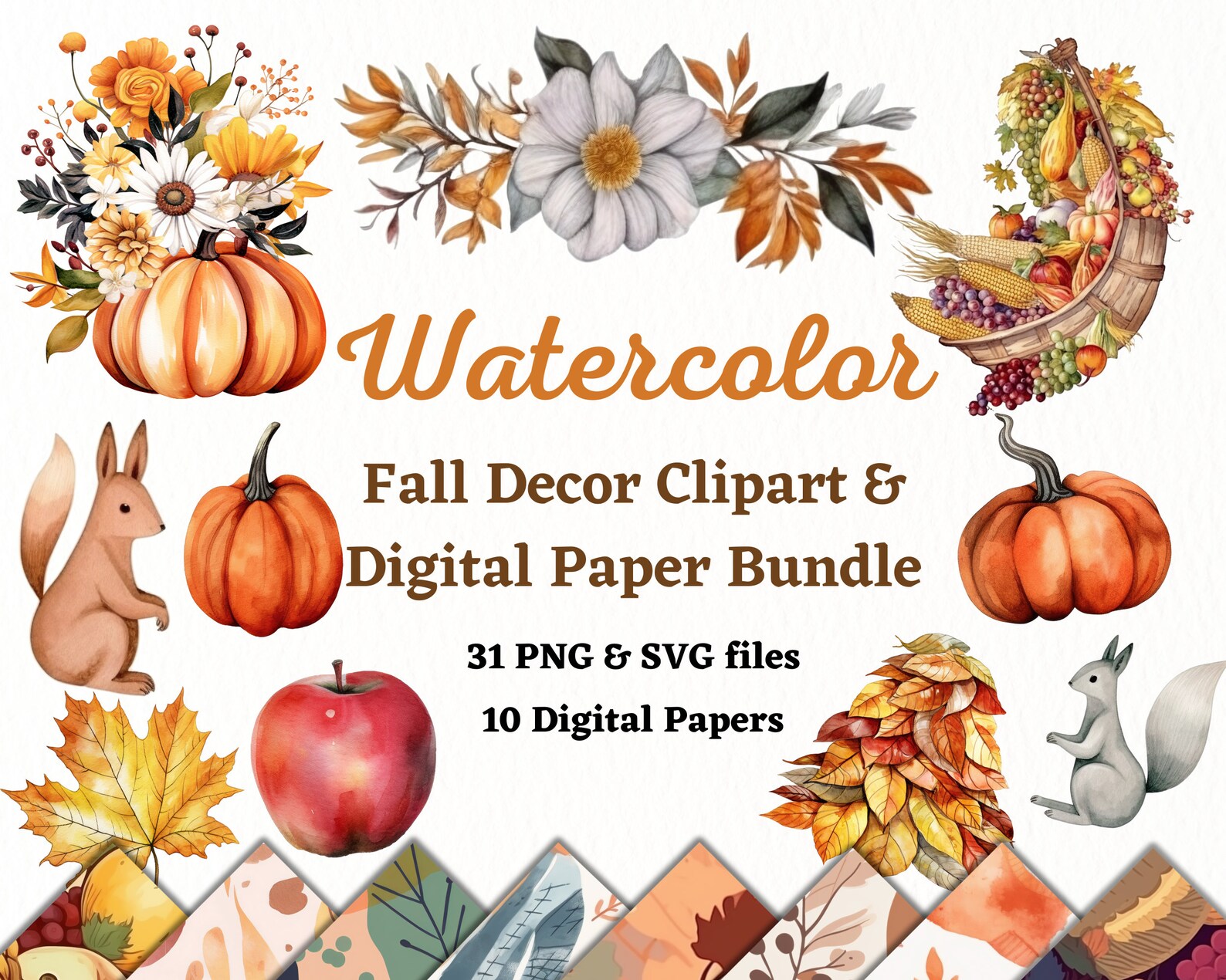Watercolor Fall Decor Clipart, Fall Digital Paper, Watercolor Fall ...
