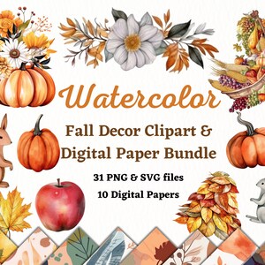 Watercolor Fall Decor Clipart, Fall Digital Paper, Watercolor Fall ...