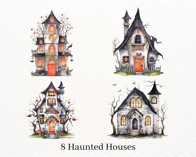 Watercolor Halloween Haunted Houses Clipart, PNG & SVG Files - Etsy