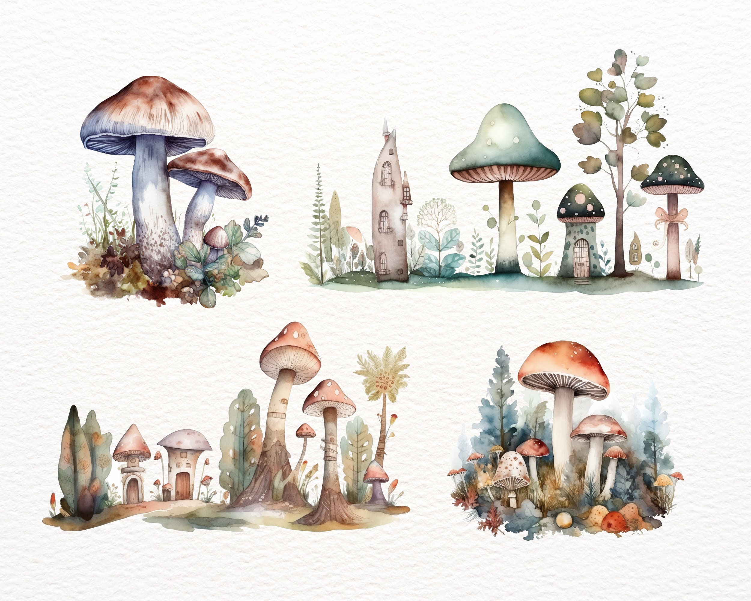 Watercolor Mushroom Clipart, Watercolor Mushroom Digital Paper, Clipart ...