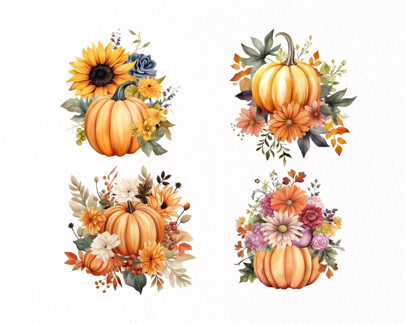 Watercolor Pumpkin Bouquet Clipart, Fall Floral PNG SVG (digital ...