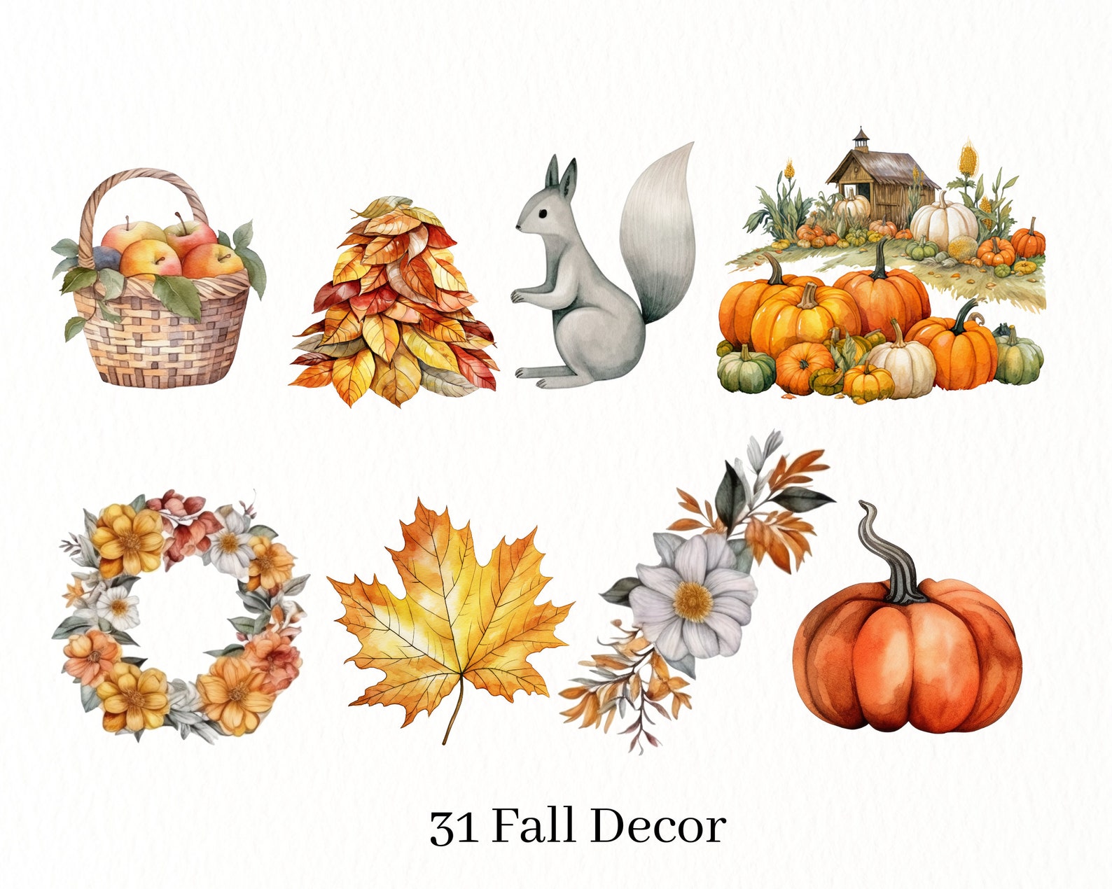 Watercolor Fall Decor Clipart, Fall Digital Paper, Watercolor Fall ...