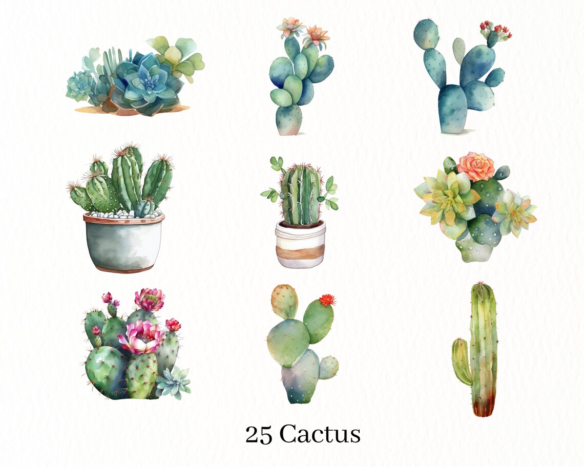 Watercolor Cactus Clipart Bundle, Watercolor Clipart, Cacti Clipart ...