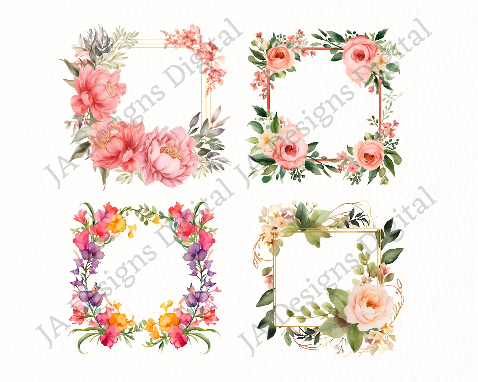 Watercolor Spring Flowers Clipart Bundle, Floral Frame Clipart ...