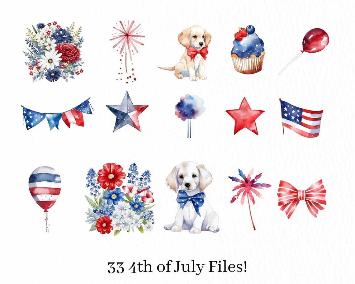 Fourth of July Clipart Bundle, Watercolor Clipart, 4th of July Clipart ...
