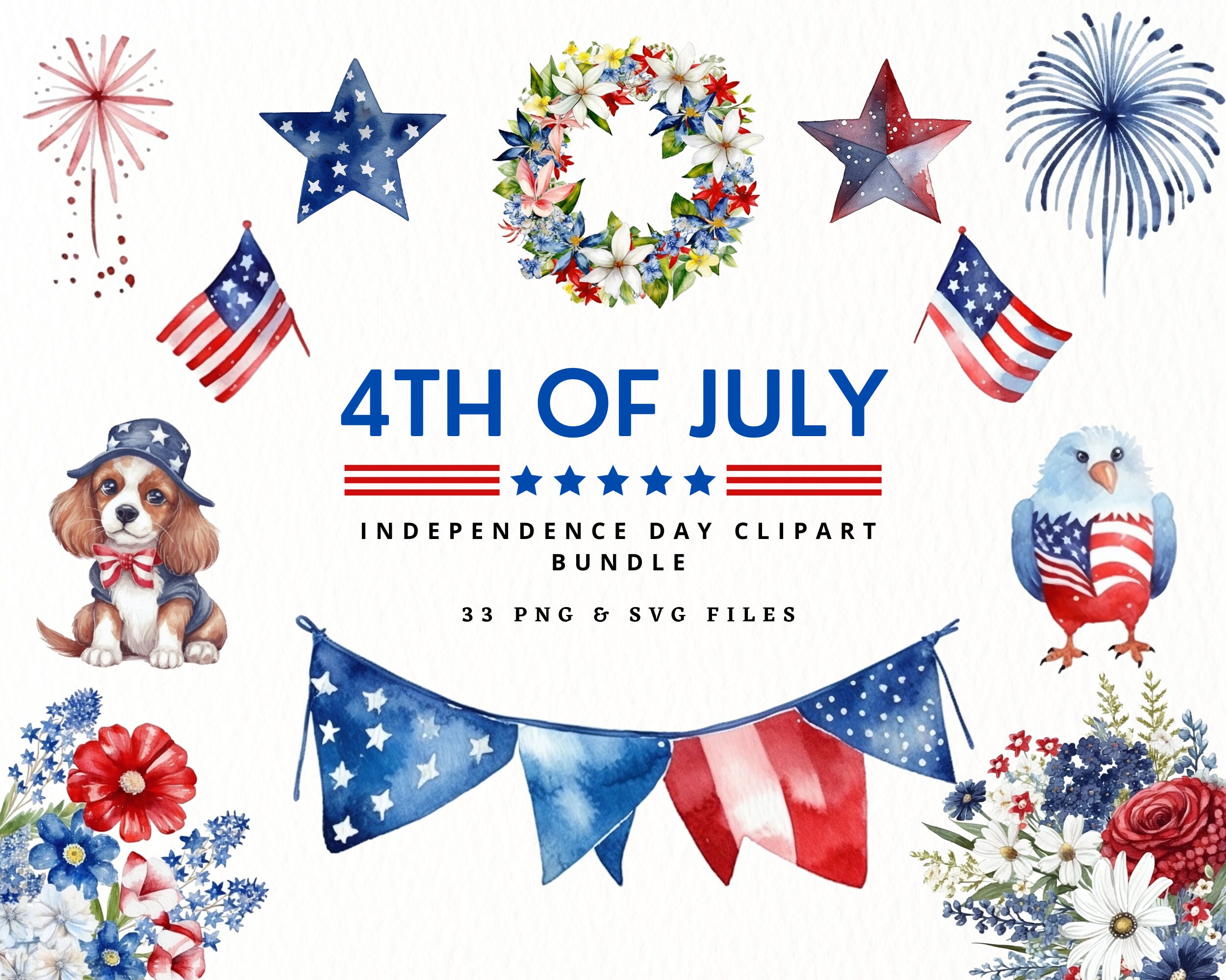 Fourth of July Clipart Bundle, Watercolor Clipart, 4th of July Clipart ...