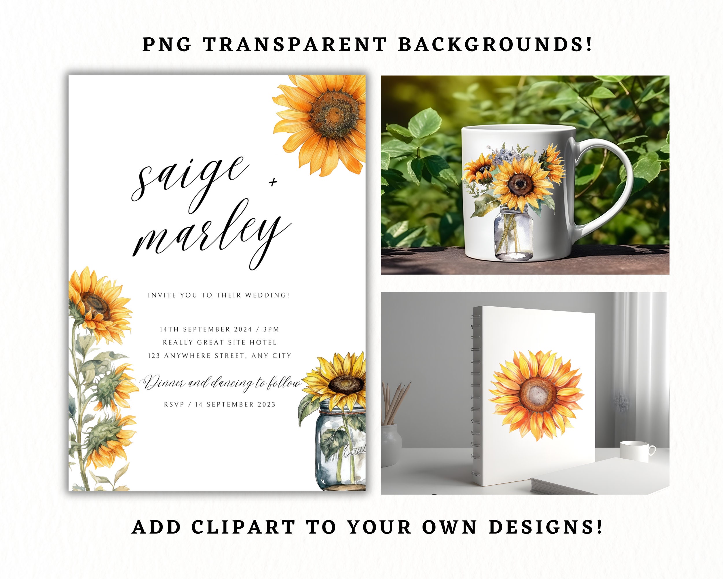 Watercolor Sunflower Clip Art Bundle, Watercolor Clipart, Floral ...