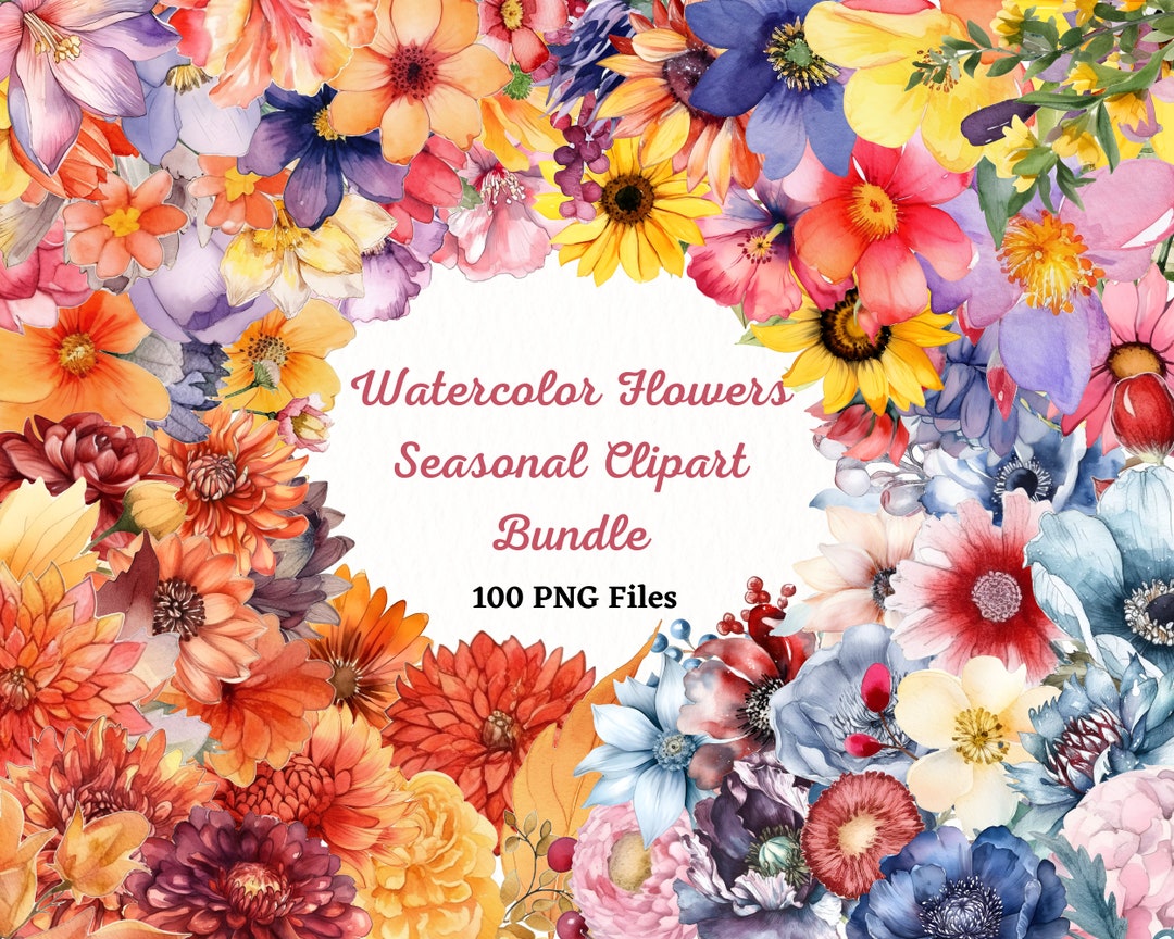 Seasonal Watercolor Flower Clipart Bundle, PNG Files, SVG Files, Spring ...
