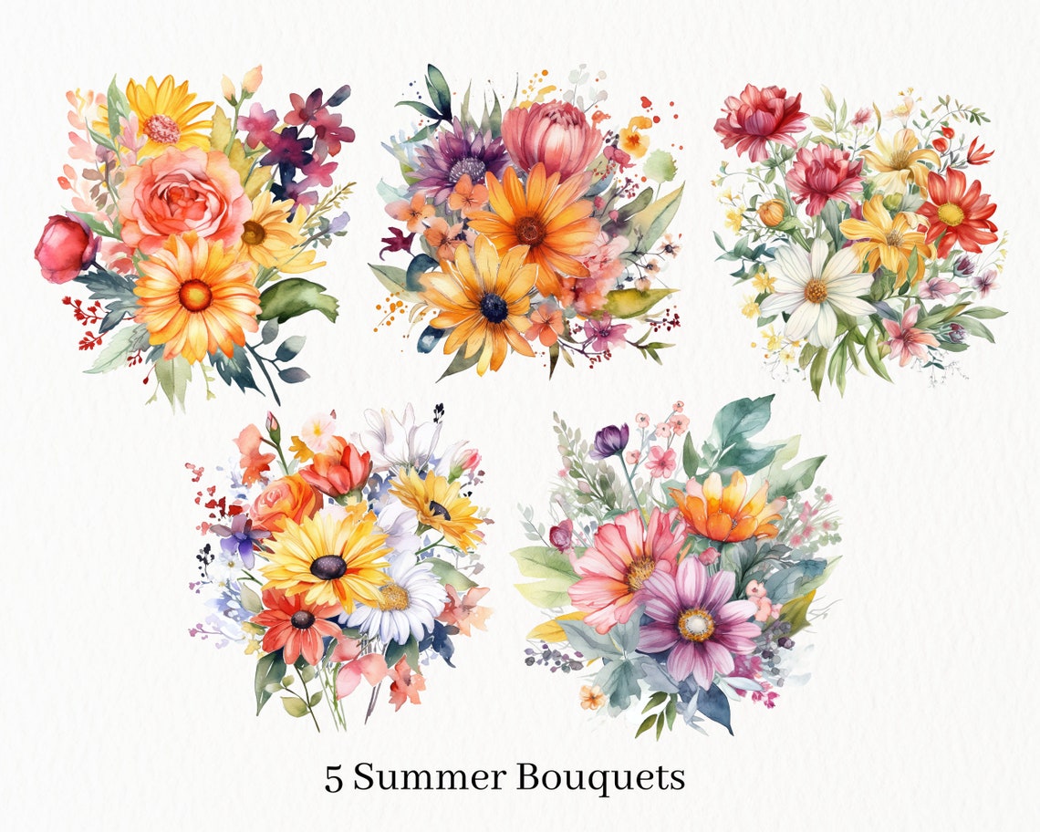 Summer Watercolor Flower Clipart, Watercolor Clipart, Bouquet Clipart ...