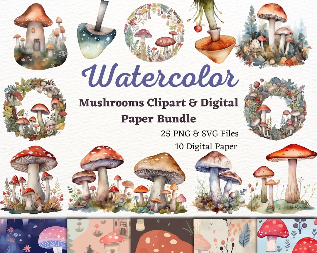 Watercolor Mushroom Clipart, Watercolor Mushroom Digital Paper, Clipart ...