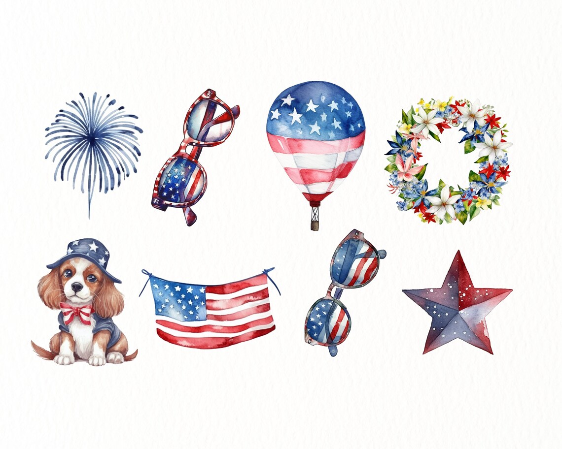 Fourth of July Clipart Bundle, Watercolor Clipart, 4th of July Clipart ...