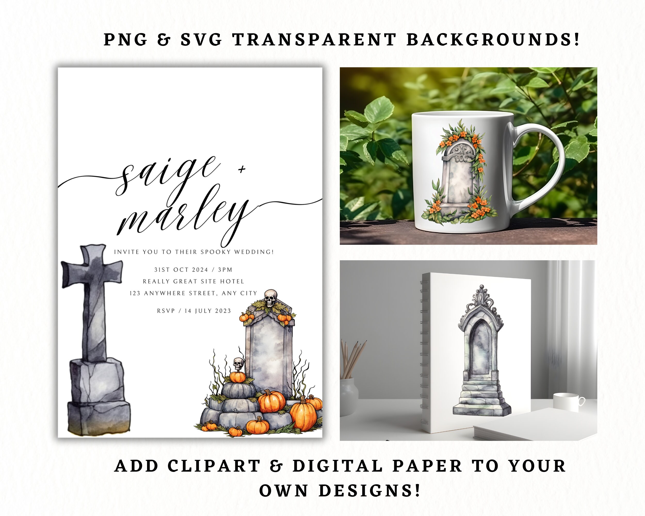 Halloween Tombstones Clipart Bundle, Watercolor Clipart, Halloween ...