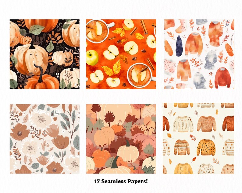 Fall Seamless Digital Paper Bundle, Watercolor Autumn Printable Paper ...