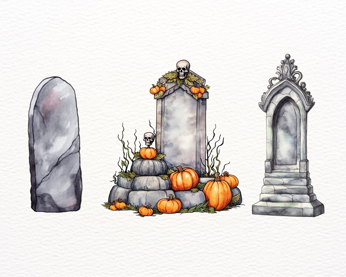 Halloween Tombstones Clipart Bundle, Watercolor Clipart, Halloween ...