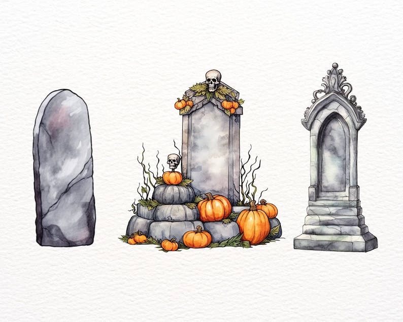 Halloween Tombstones Clipart Bundle, Watercolor Clipart, Halloween ...
