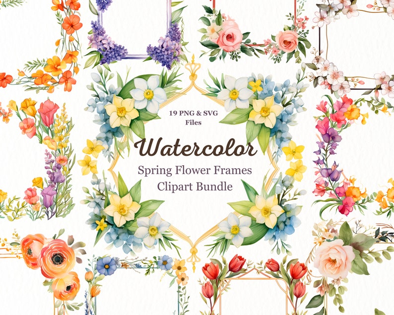 Watercolor Spring Flower Frame Clipart Bundle (19 PNG & SVG) - Etsy