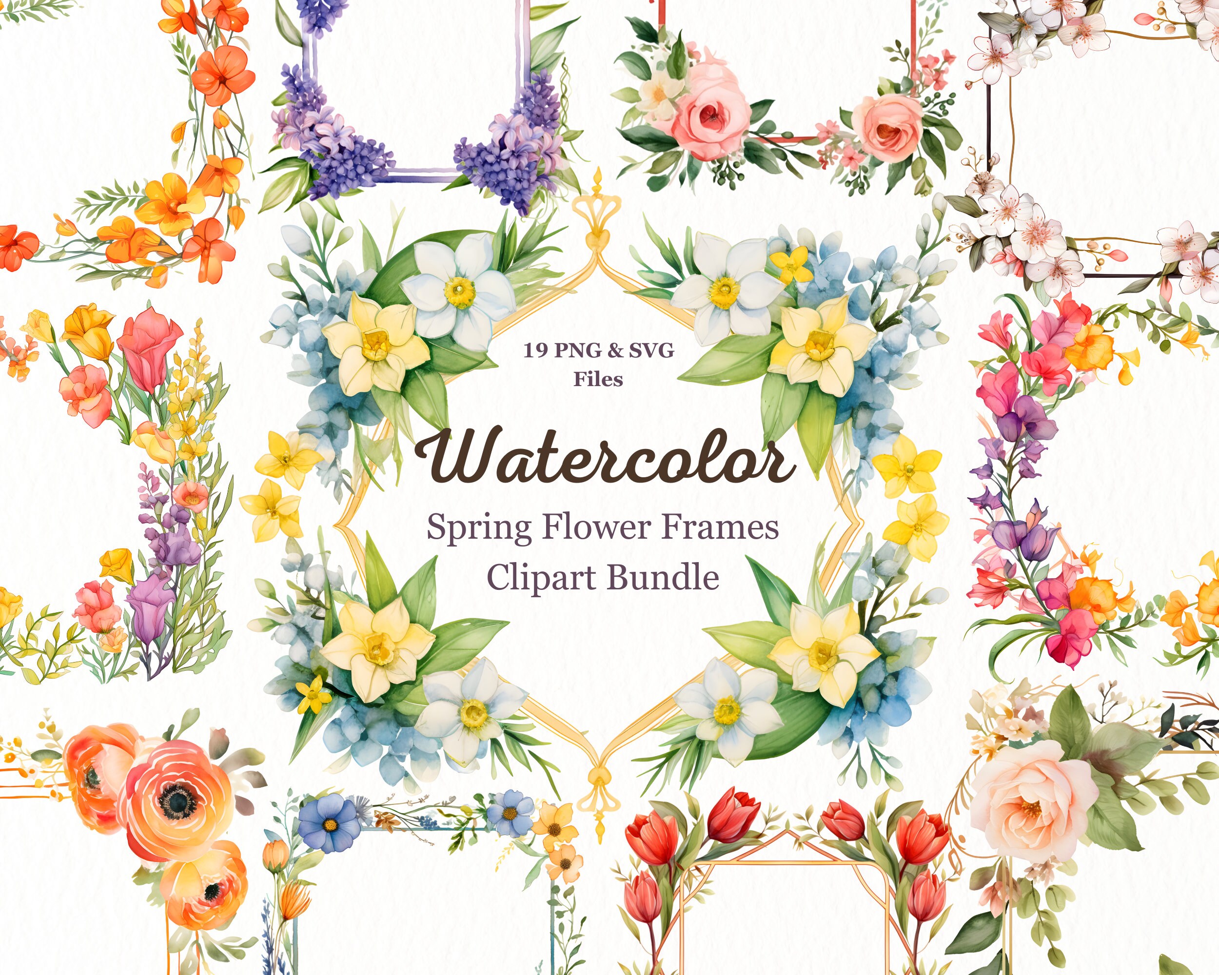 Watercolor Spring Flowers Clipart Bundle, Floral Frame Clipart ...