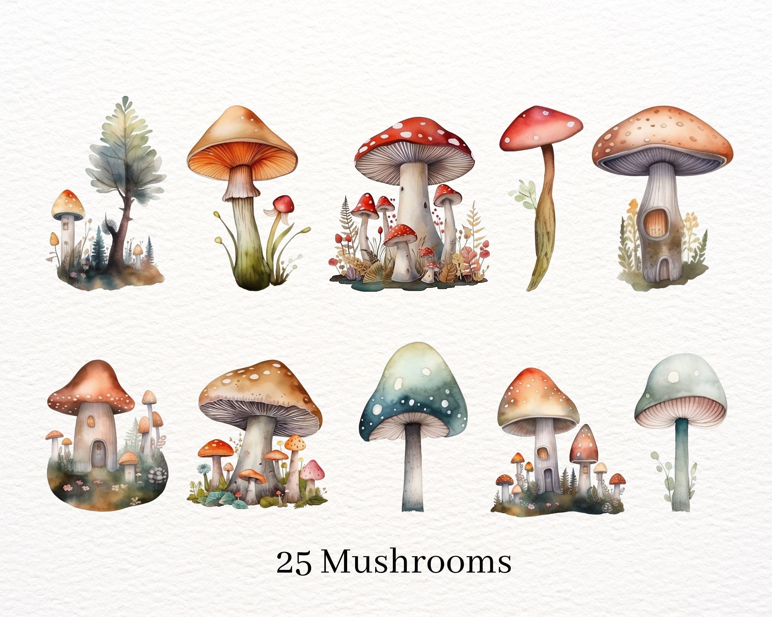 Watercolor Mushroom Clipart, Watercolor Mushroom Digital Paper, Clipart ...