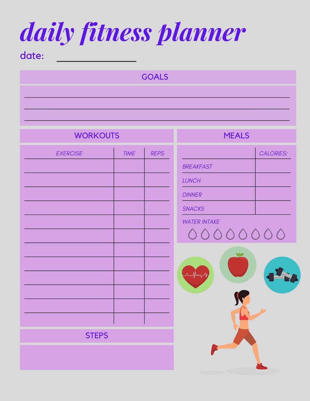 Daily Fitness Planning Set Exercise, Meals, Water Intake, and MORE! - Etsy