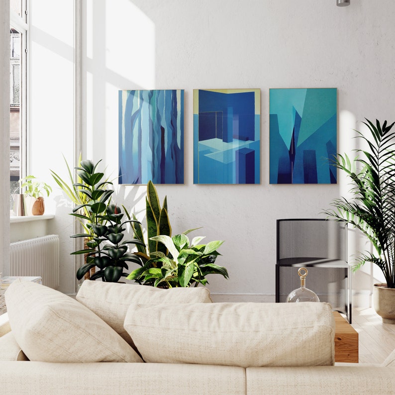 Blue Abstract Art Gallery Wall, Blue Art Set of 3, Abstract Triptych ...