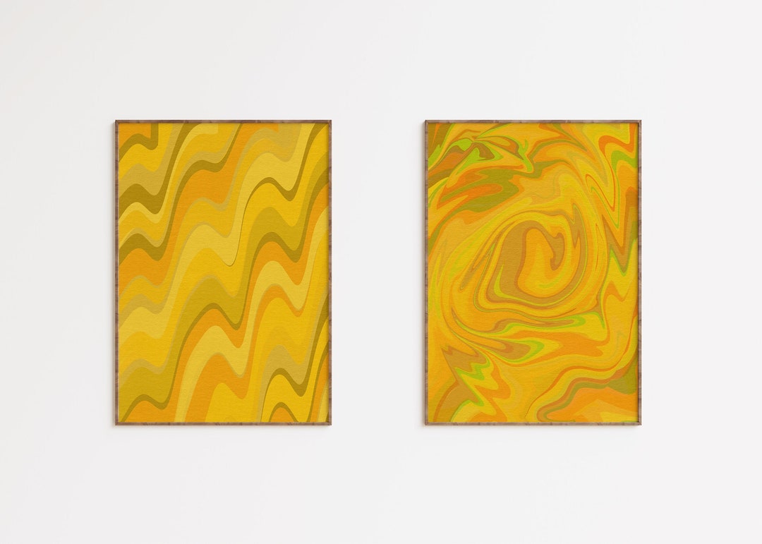 Groovy Wall Art Set, Trippy Yellow Art, Psychedelic Art, 70s Poster Set ...